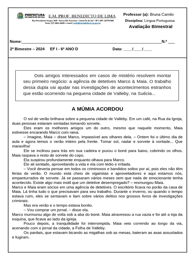 Avaliação Língua Portuguesa Bruna Camilo 6º D 2º Bim - 2024 Pref | PDF