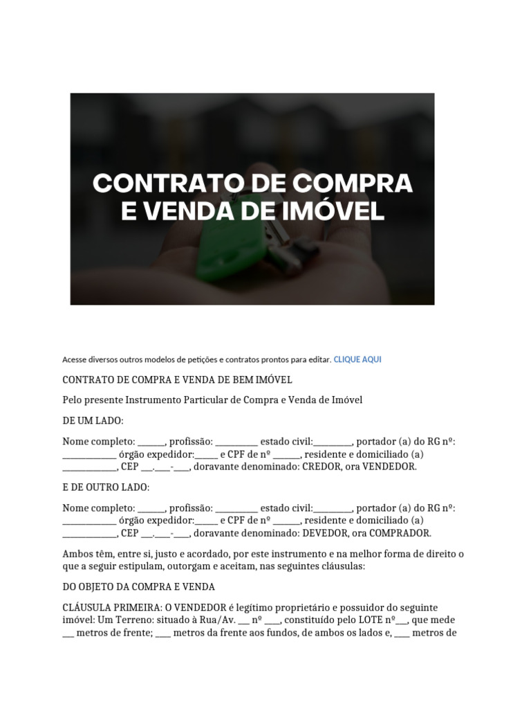 Modelo Contrato de Compra e Venda de Bem Imovel Editavel em Word | PDF