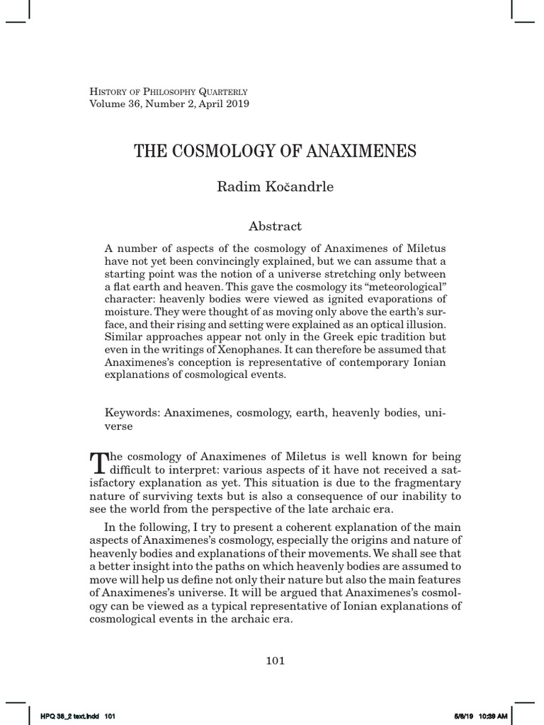 The Cosmology of Anaximenes | PDF | Science & Mathematics | Classics