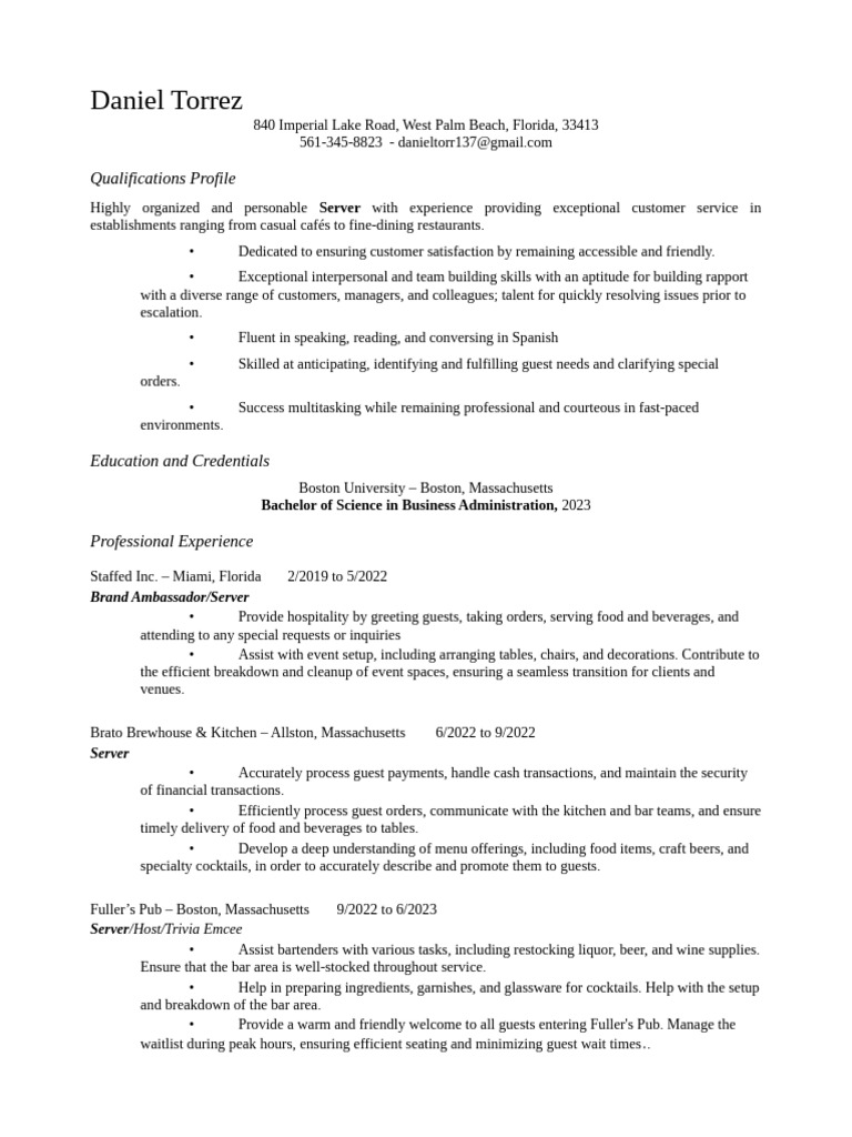 Daniel Torrez Server Resume | PDF