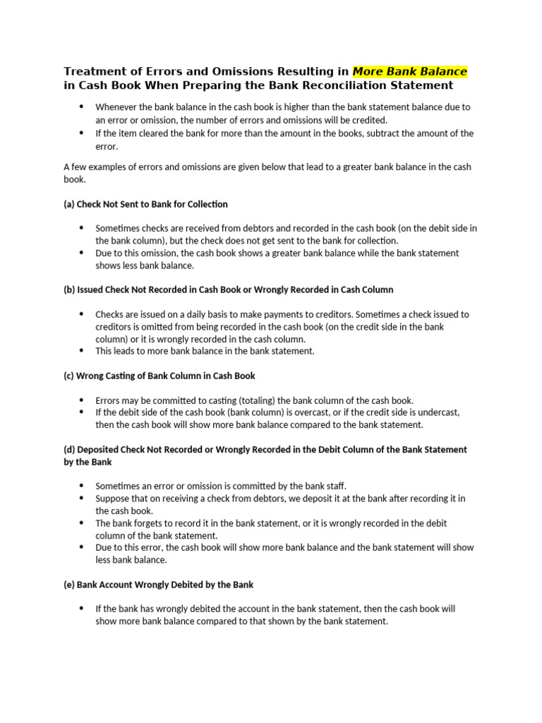 Treatment of Errors and Omissions Resulting in More Bank Balance in ...