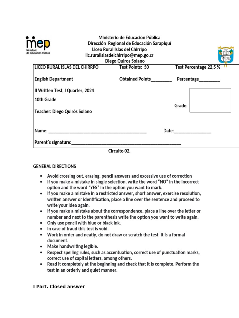 II English Test Tenth | PDF