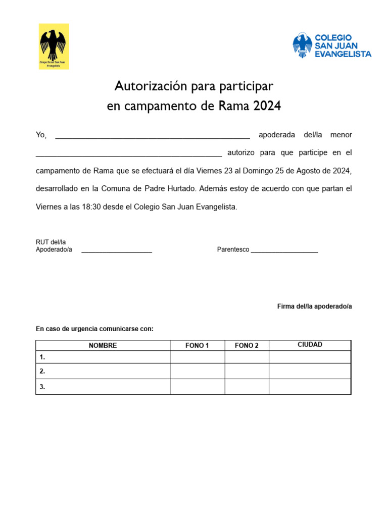Autorizacion Campamento Verano 2024 | PDF