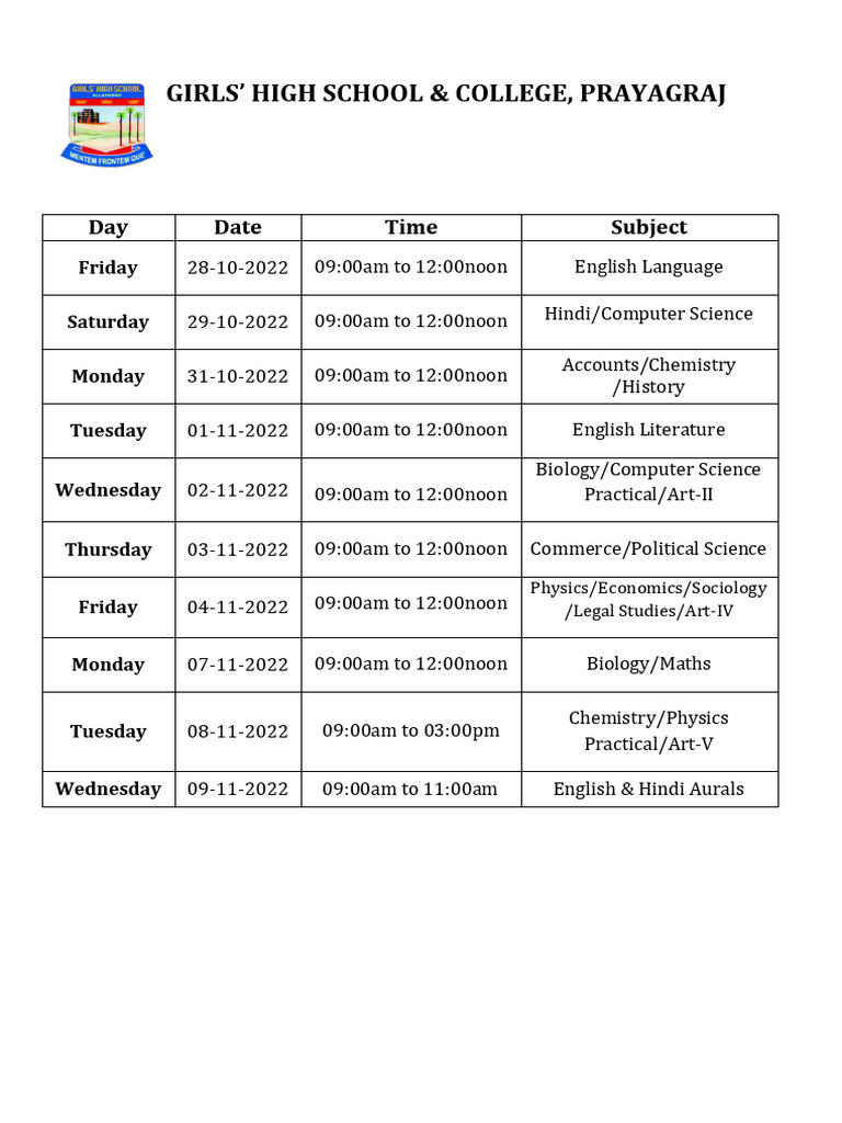 Class XI Half Yearly Examination Time Table 2022 2023 | PDF