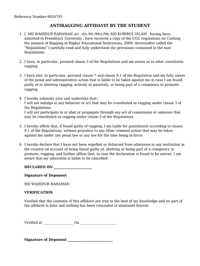 Anti Ragging Affidavit Form | PDF