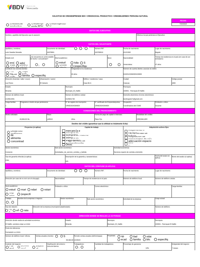 SOE.662 (11-23) Solicitud de Crediemprende BDV Credisocial Productivo CredimujerBDV Persona ...