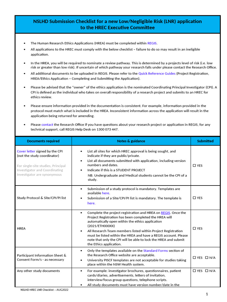 HREC Low Risk Submission Checklist | PDF