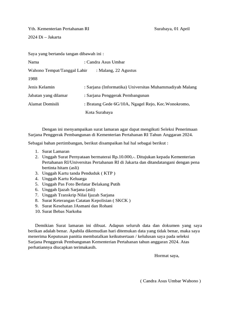 Surat Lamaran Sarjana Penggerak Pembangunan | PDF