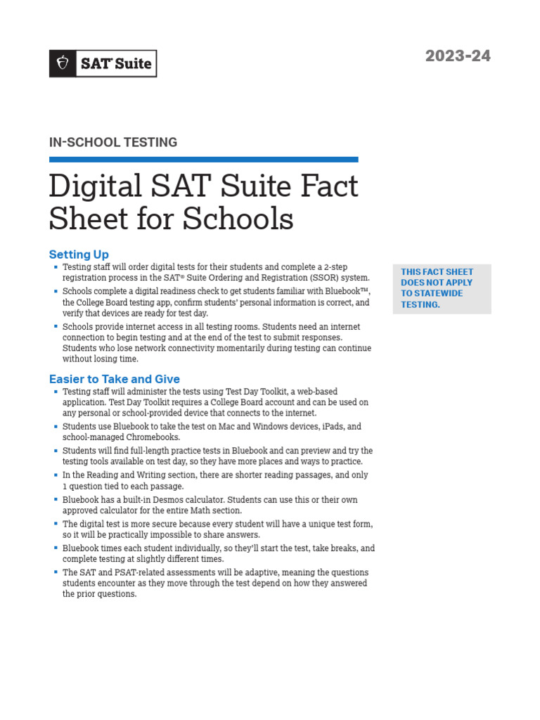 Digital SAT Suite Fact Sheet For Schools | PDF