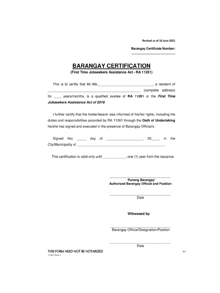 Template of Barangay Certification of Ra 11261 | PDF