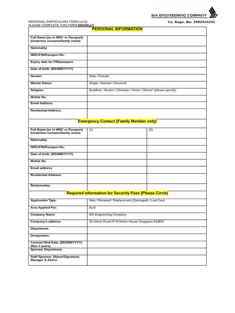 SIAEC Personal Particulars Form V2.0 | PDF