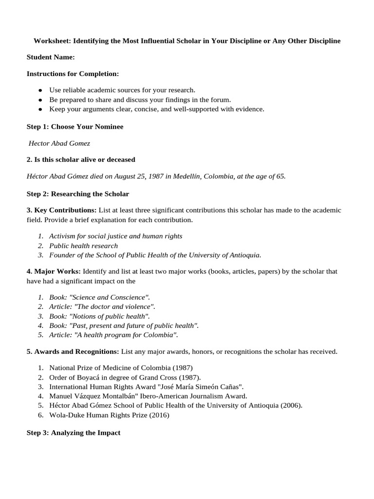Worksheet - Identifying The Most Influential Scholar in Your Discipline ...