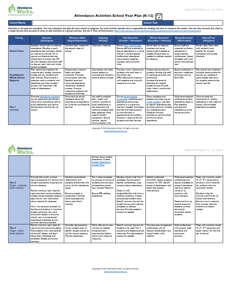 Attendance Planning Calendar K 12 SAMPLE ACTIVITIES Rev 3 28 23 | PDF