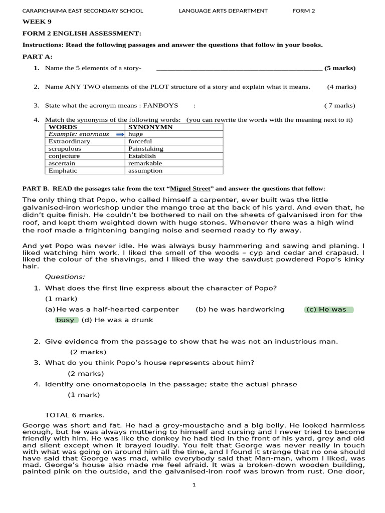 Form 2 English Week 9 Assessment | PDF