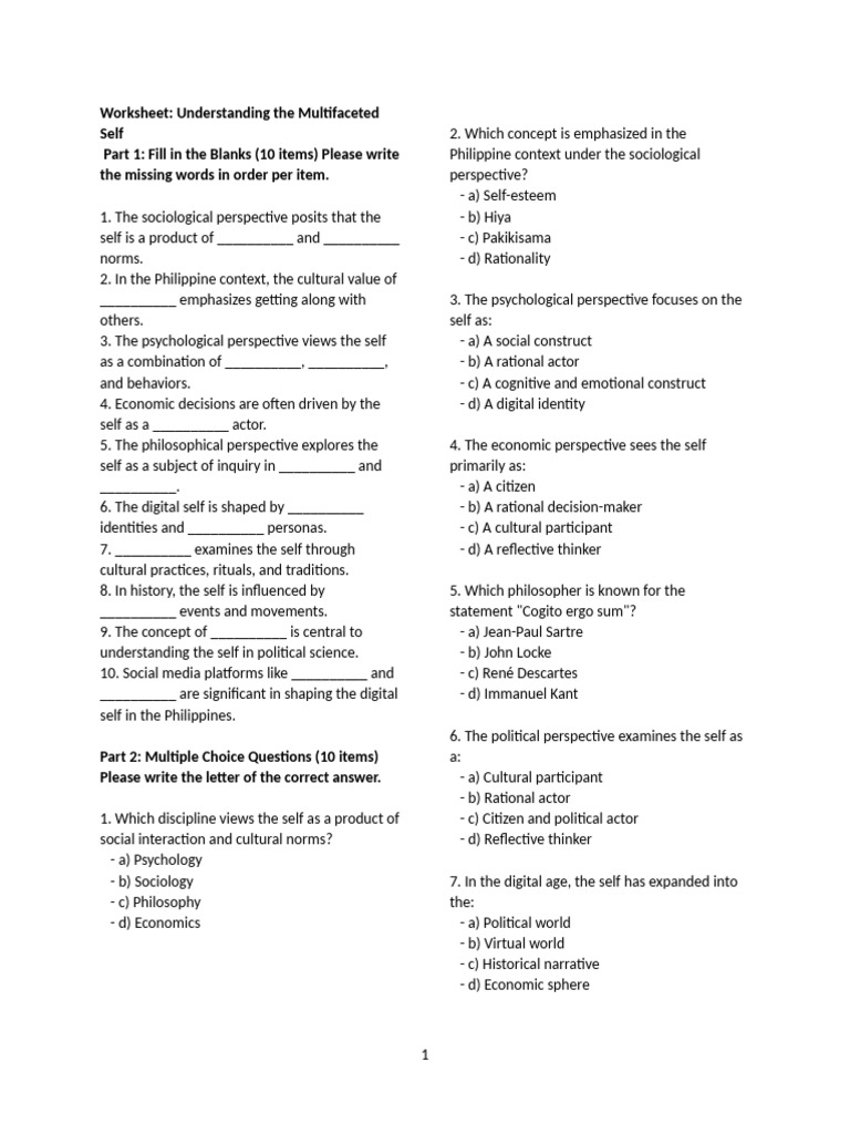 Lesson 1 The Multifaceted Self Worksheet | PDF | Self | Rationality