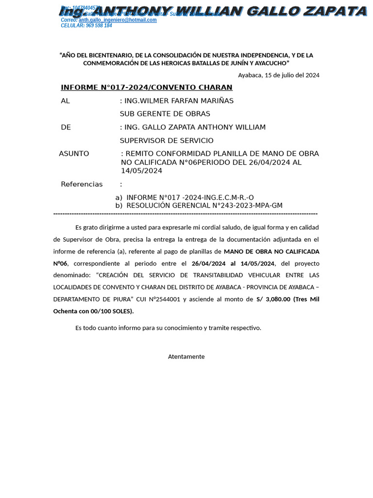 Informe N°017-2024 - Convento Charan | PDF