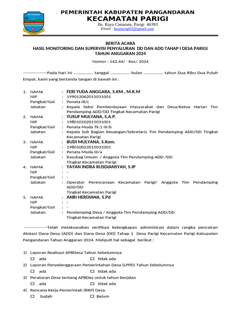 BA MONEV kecamatan 2024 | PDF