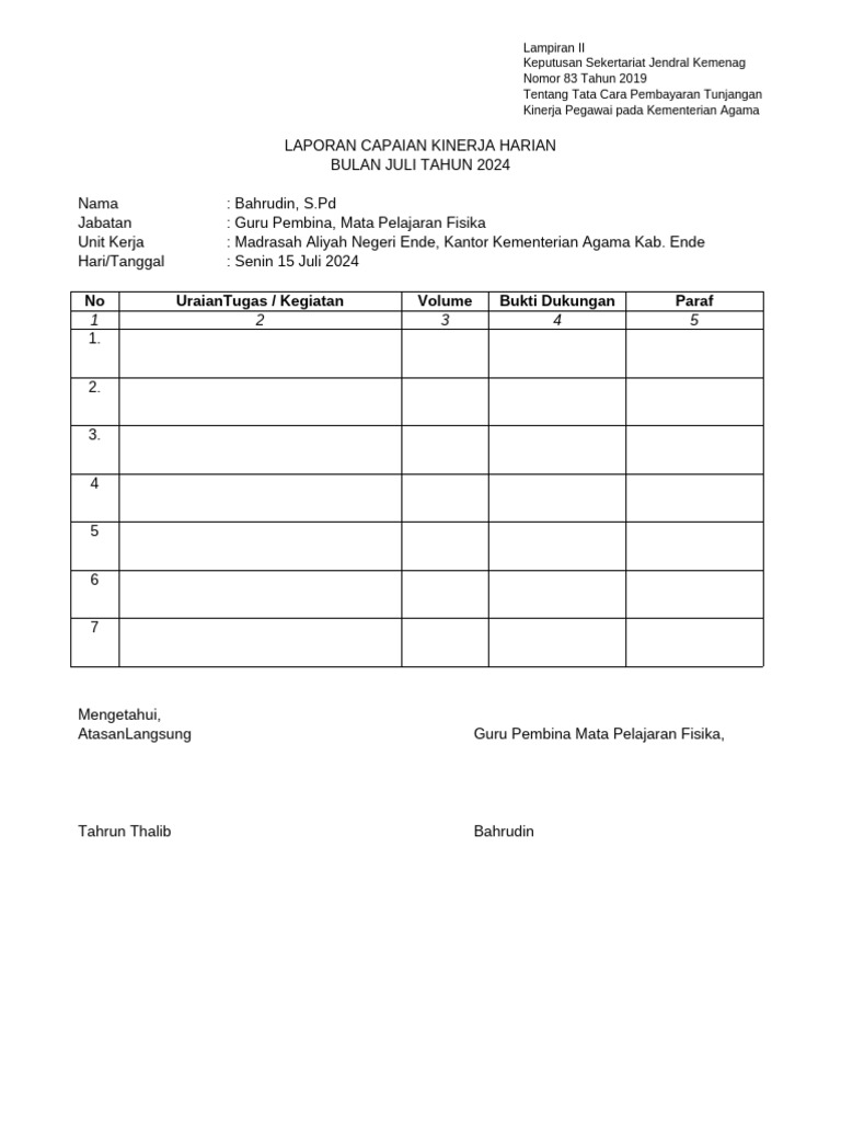 Contoh Format Laporan Capaian Kinerja Harian | PDF