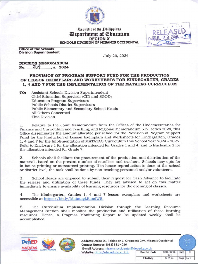 Dm. 564 S. 2024 Provision of Program Support Fund For The Production of Lesson Exemplars and ...