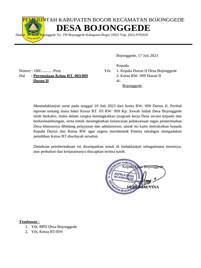 Surat Peremajaan Ketu Rt. 003 Rw. 009 | PDF