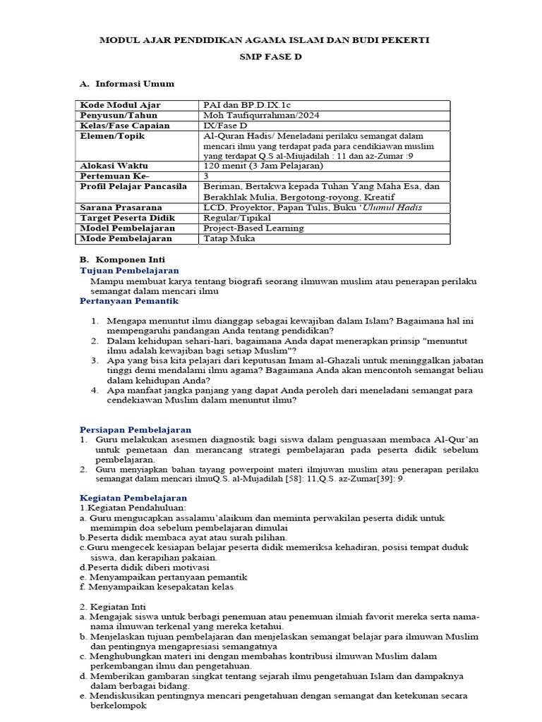 MODUL AJAR PJBL TAUFIQ - Compressed | PDF