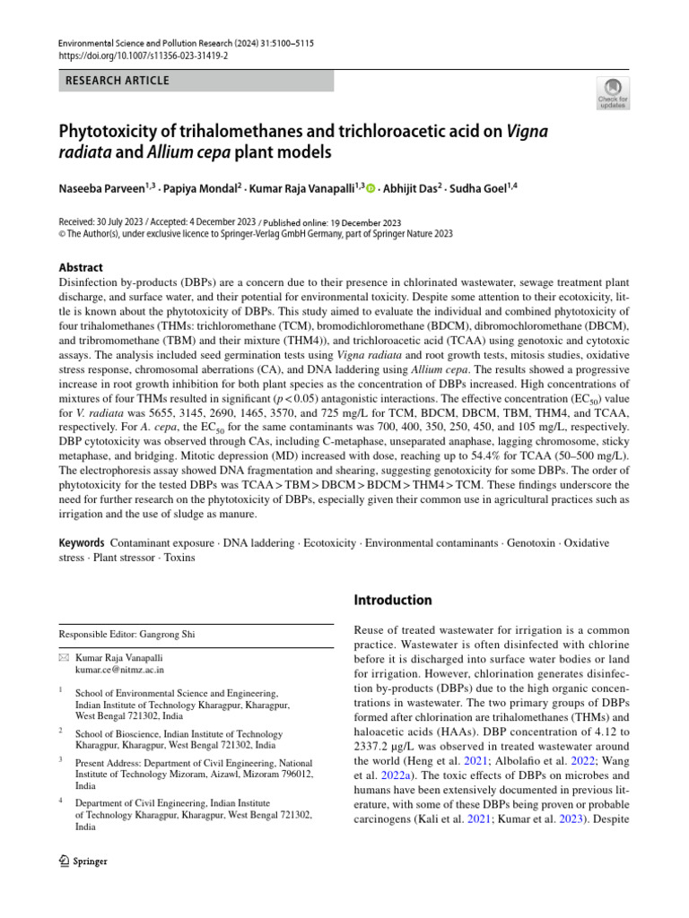 Phytotoxicity of Trihalomethanes and Trichloroacetic Acid On Vigna ...