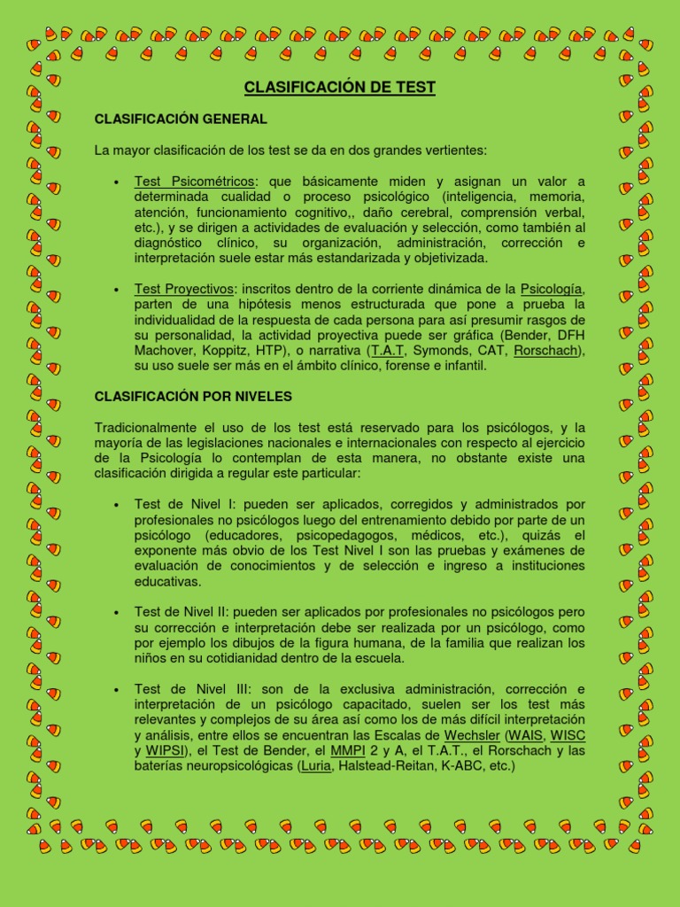 Clasificación de Test Psicológicos | PDF | Pruebas psicologicas | Sicología