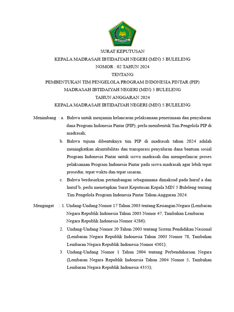 SK Tim Pengelola PIP Tahun 2024 | PDF