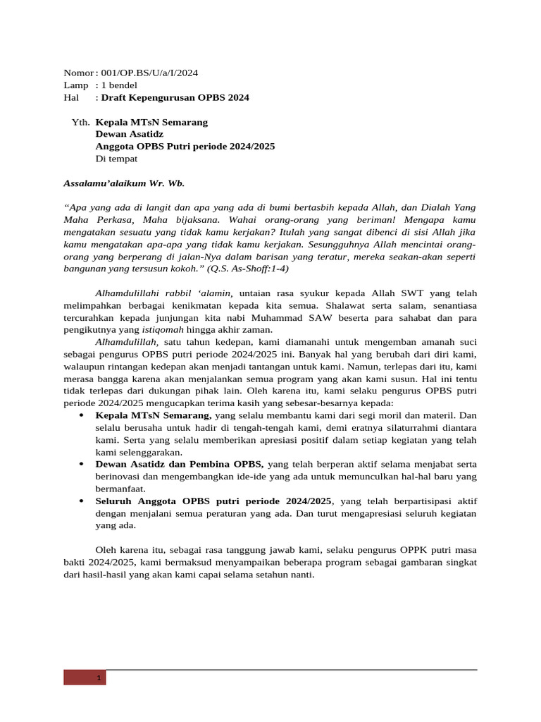 Draft Pengurus Opbs Pa 2024 | PDF