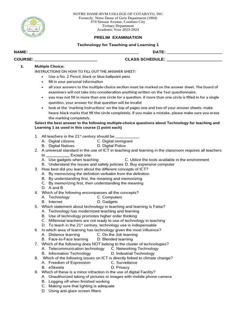 Prelem Exam EDUC 201 | PDF | Educational Technology | Multiple Choice