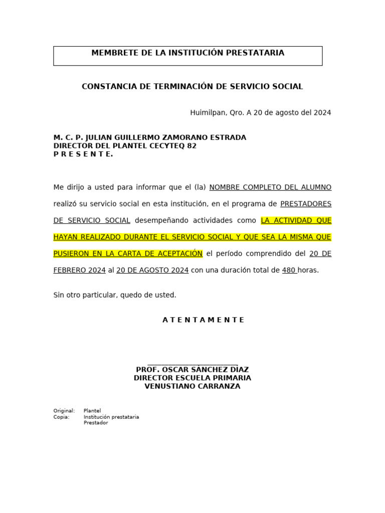 Ejemplo Constancia de Terminación de Servicio Social | PDF