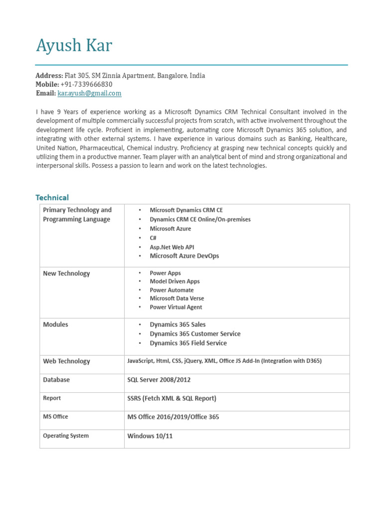 Ayush Dynamics 365 Crm Power Apps Technical Resume Pdf 