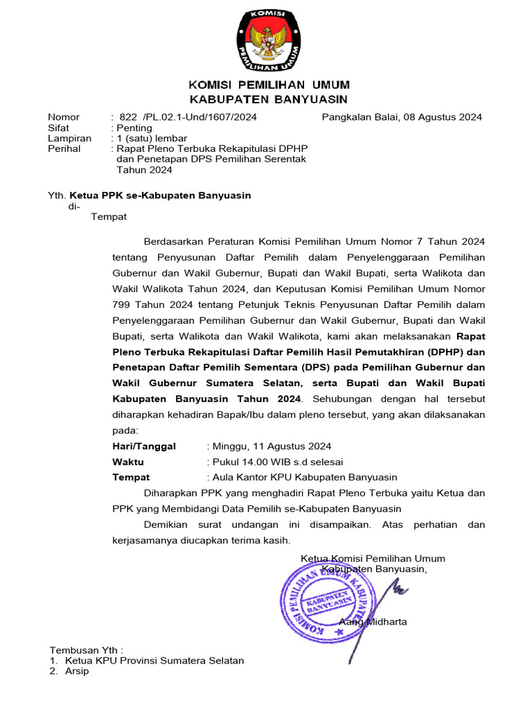 Undangan Pleno Dps Pilkada 2024 Kpu Banyuasin - PPK | PDF