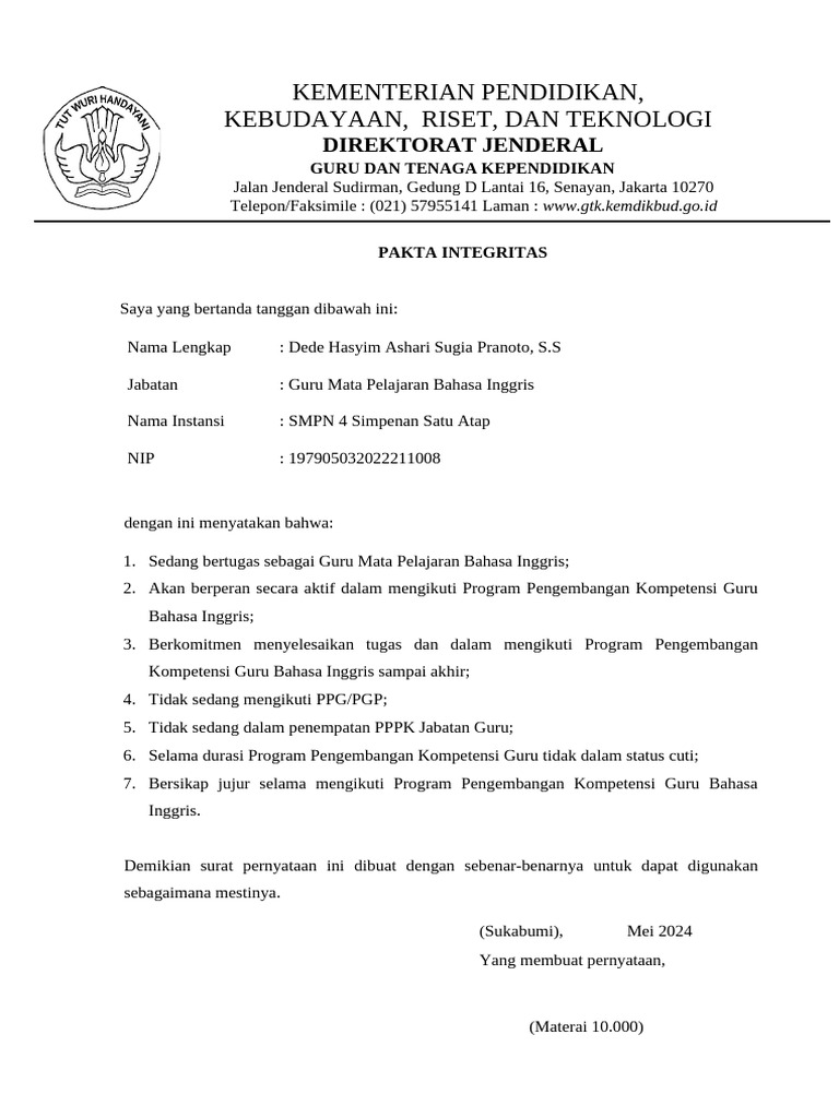 Format Fakta Integritas Dan Dilengkapi Materai Rp.10.000 | PDF