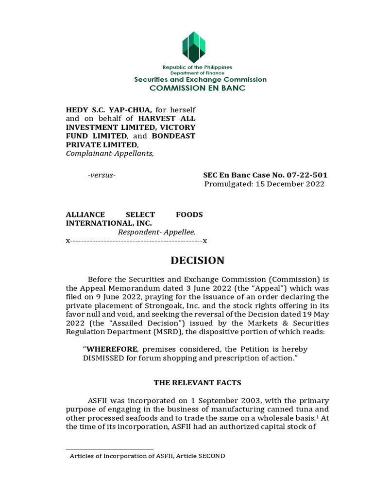 SEC Decision Chua Vs Alliance Select | PDF