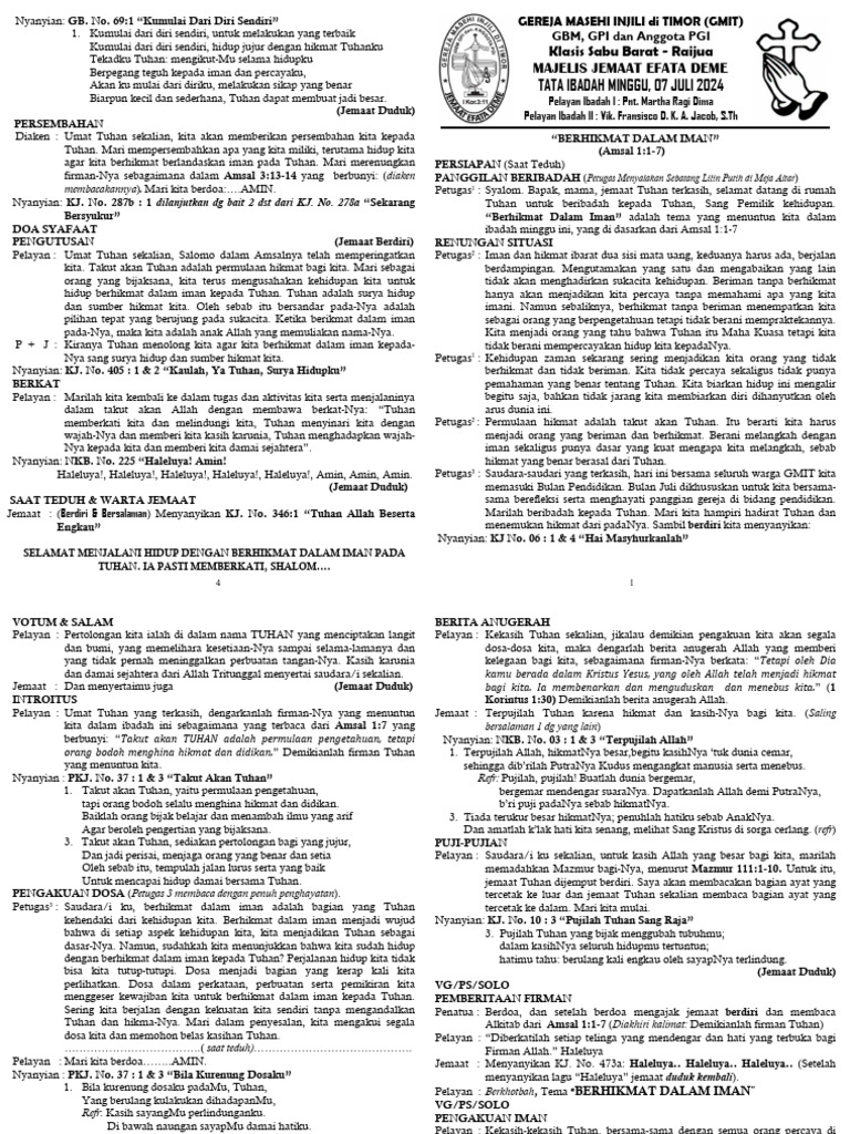 Tata - Ibadah Minggu - 07 - Juli - 2024 - Jed | PDF