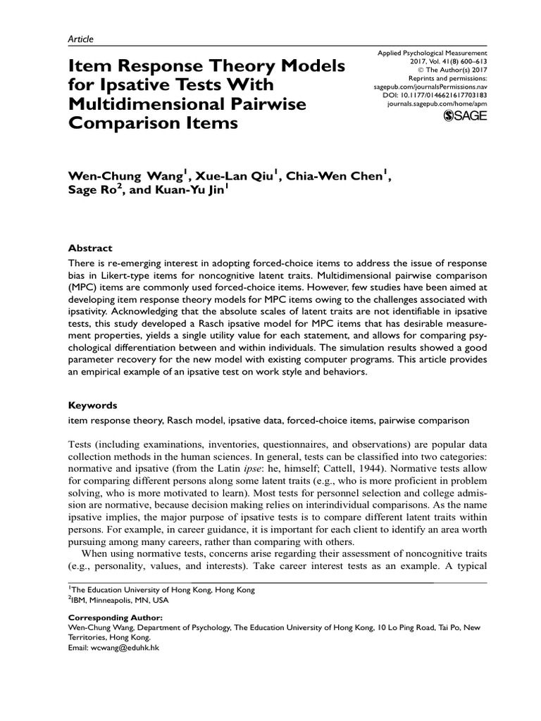 Item Response Theory Models For Ipsative Tests With Multidimensional ...