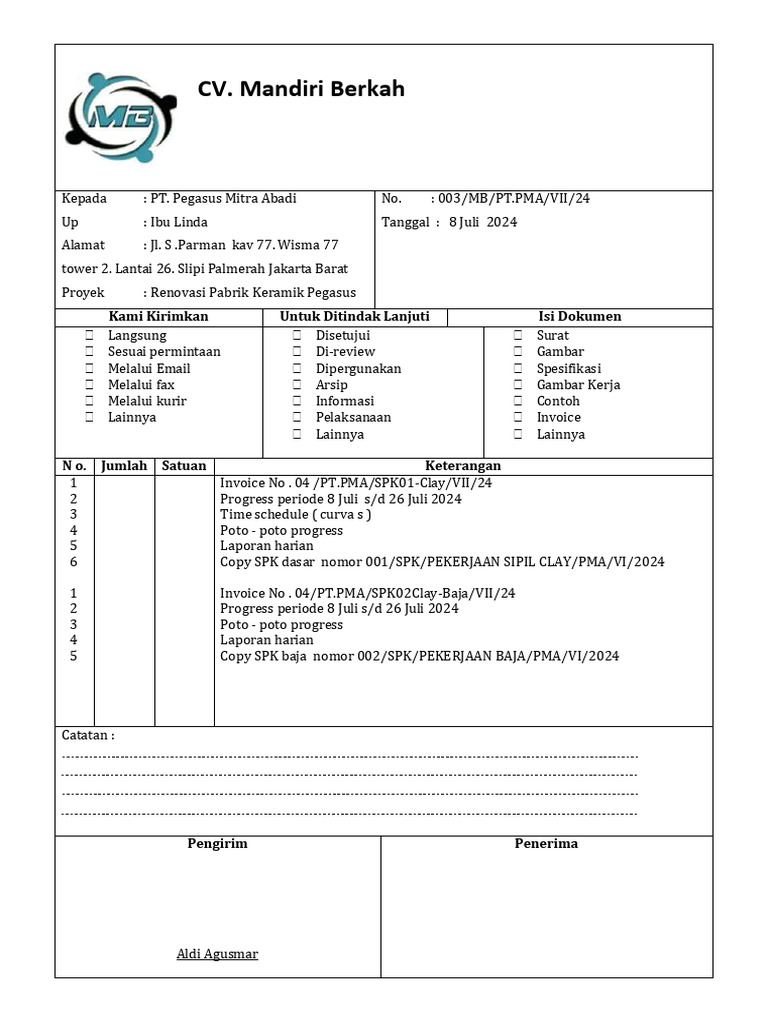 FORM TRANSMITTAL CV - MANDIRI BERKAH Ke 3 | PDF