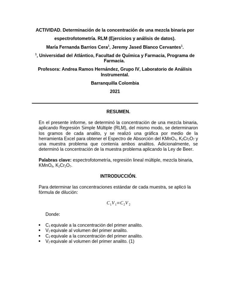 ACTIVIDAD (Determinación de La Concentración de Una Mezcla Binaria Por ...
