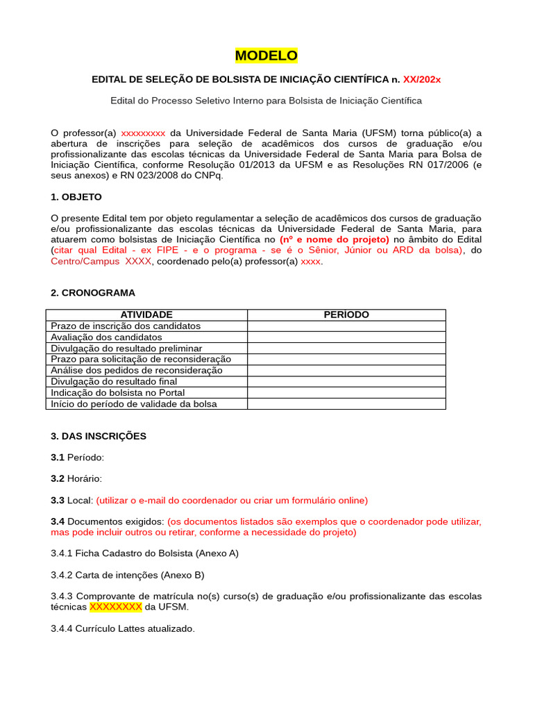 Modelo de Edital de Selecao de Bolsista de IC | PDF