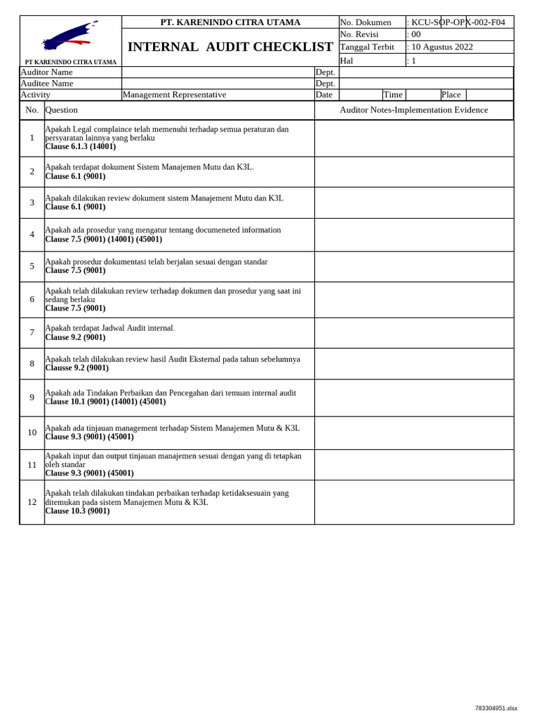 FORM CEKLIST AUDIT INTERNAL | PDF