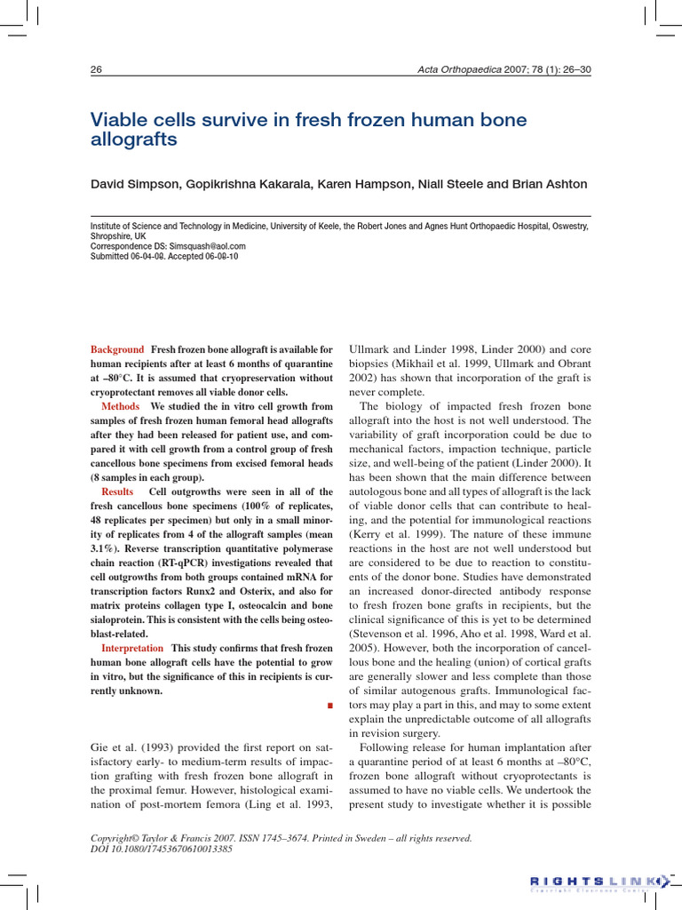 Viable Cells Survive in Fresh Frozen Human Bone Allografts | PDF