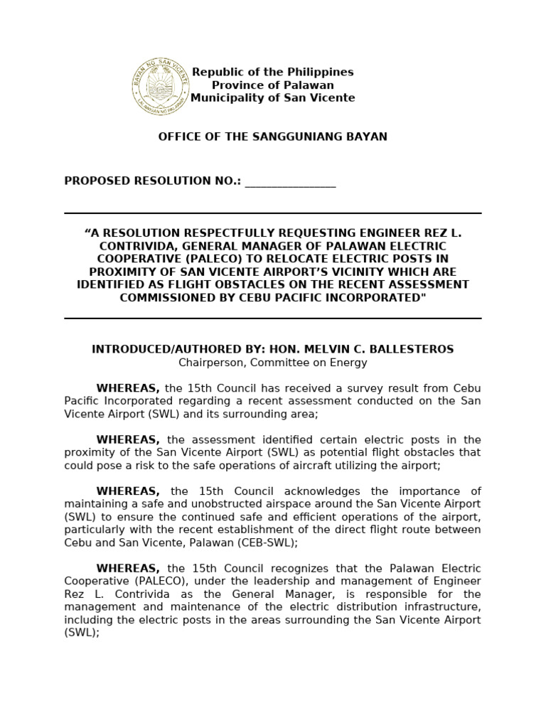 Proposed Resolution No. 2024-06-357 - Requesting PALECO To Relocate ...