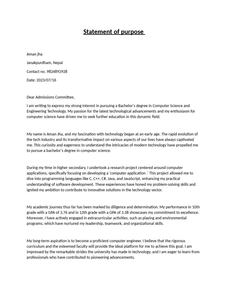 Statement of Purpose | PDF