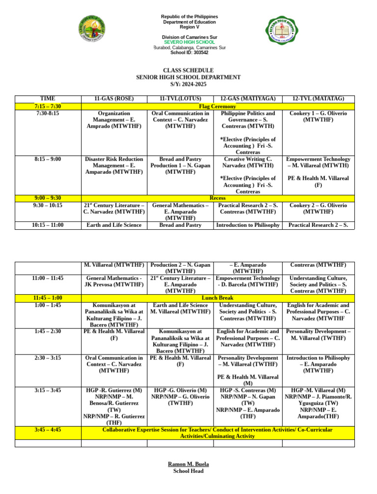 Senior High School Class Schedule 1ST Sem 24-25 | PDF