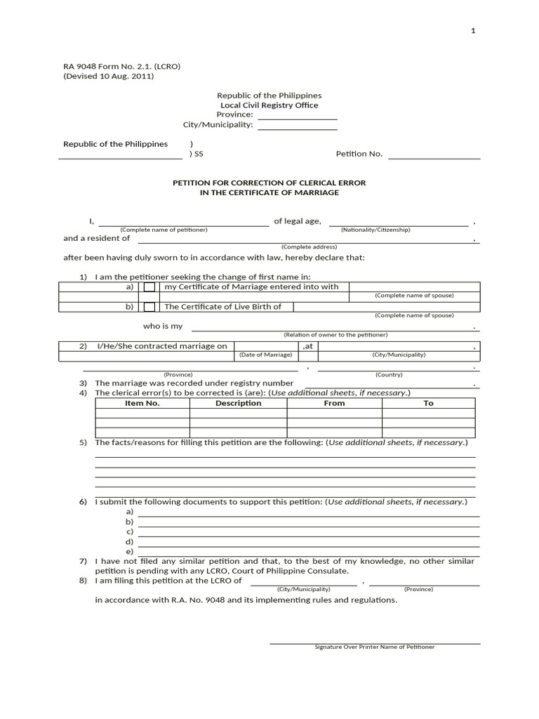 RA 9048 Form No Clerical Error in Marriage Cert 1 | PDF