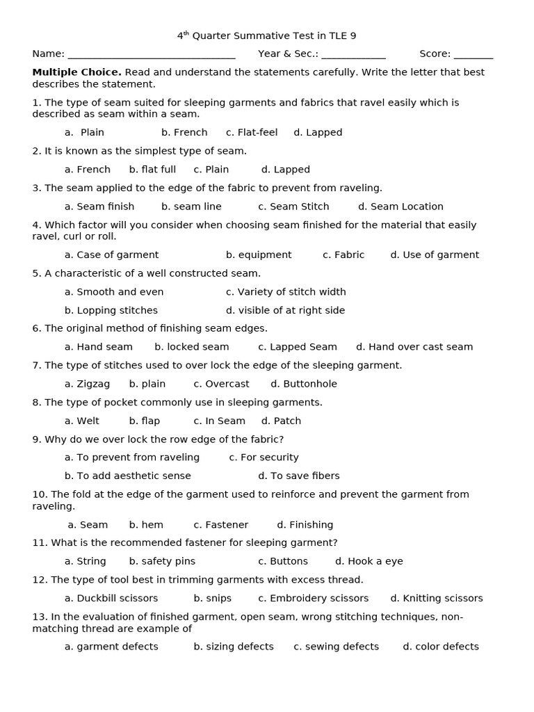 TLE 9 4th Quarter Test Review Guide | PDF | Seam (Sewing) | Lifestyle