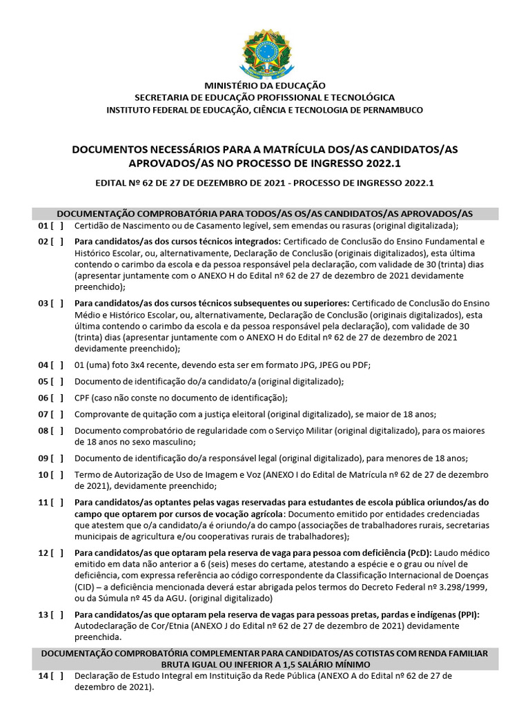 Checklist Documentos Matricula 20221 | PDF