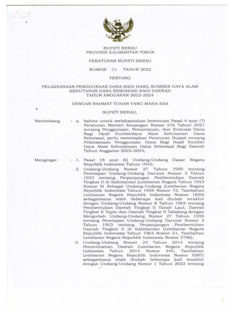 PERBUP Nomor 33 TH 2022 TTG Pelaksnaaan Penggunaan Dana Bagi Hasil ...