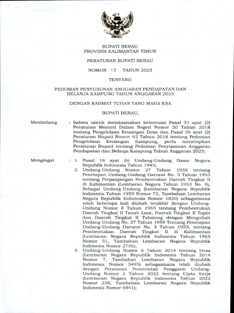 Perbup Nomor 13 Tahun 2023 TTG Pedoman Penyusunan Apbk Ta 2023 | PDF